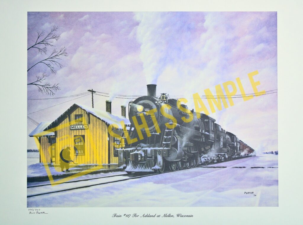 “Train #117 at Mellen, WI” by Russ Porter, 18″ x 22″ – Signed by Artist ...