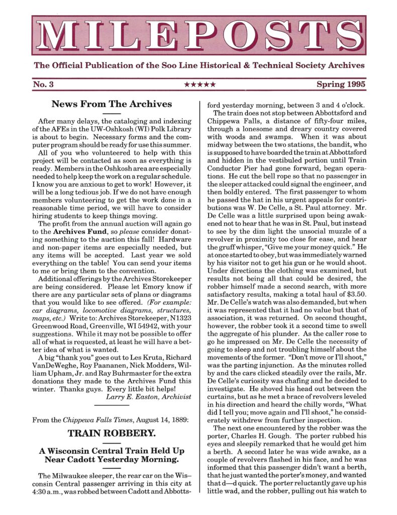 Mileposts No. 3 Spring 1995 – The Soo Line Historical and Technical Society